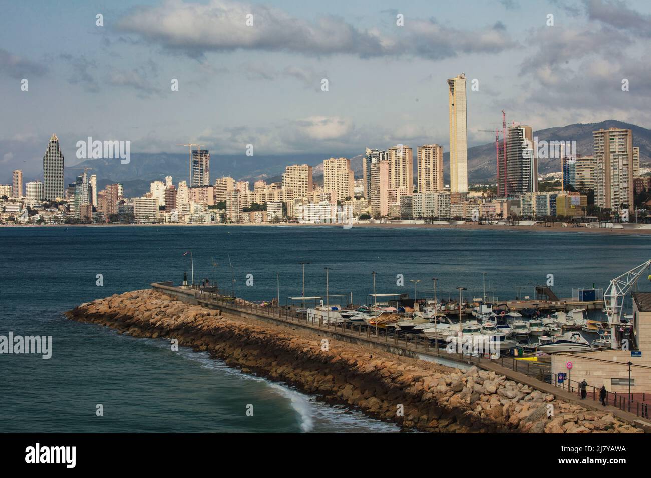 Travel landscape of Benidorm skyline across the harbour, Costa Dorada ...