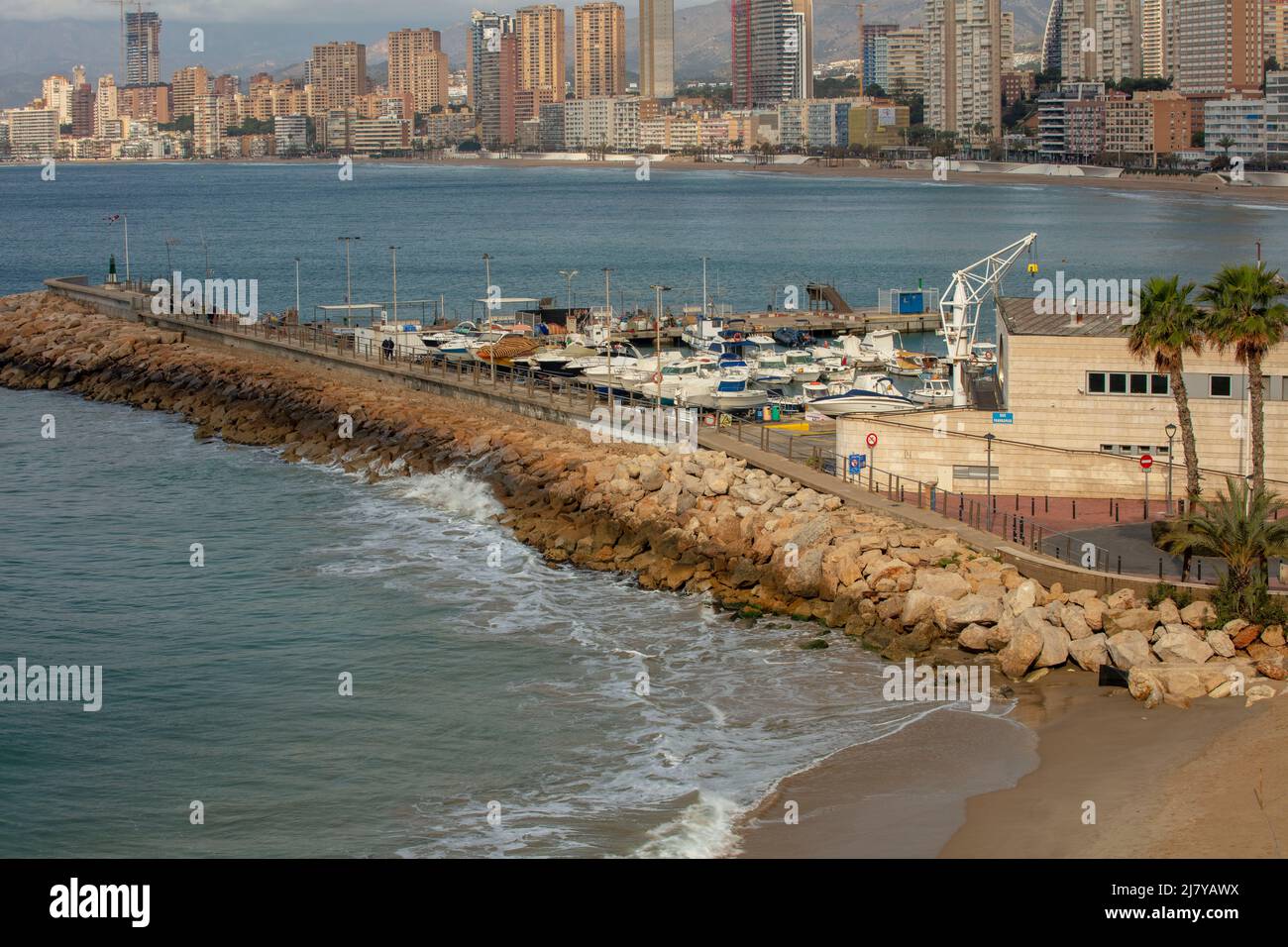 Travel landscape of Benidorm skyline across the harbour, Costa Dorada ...