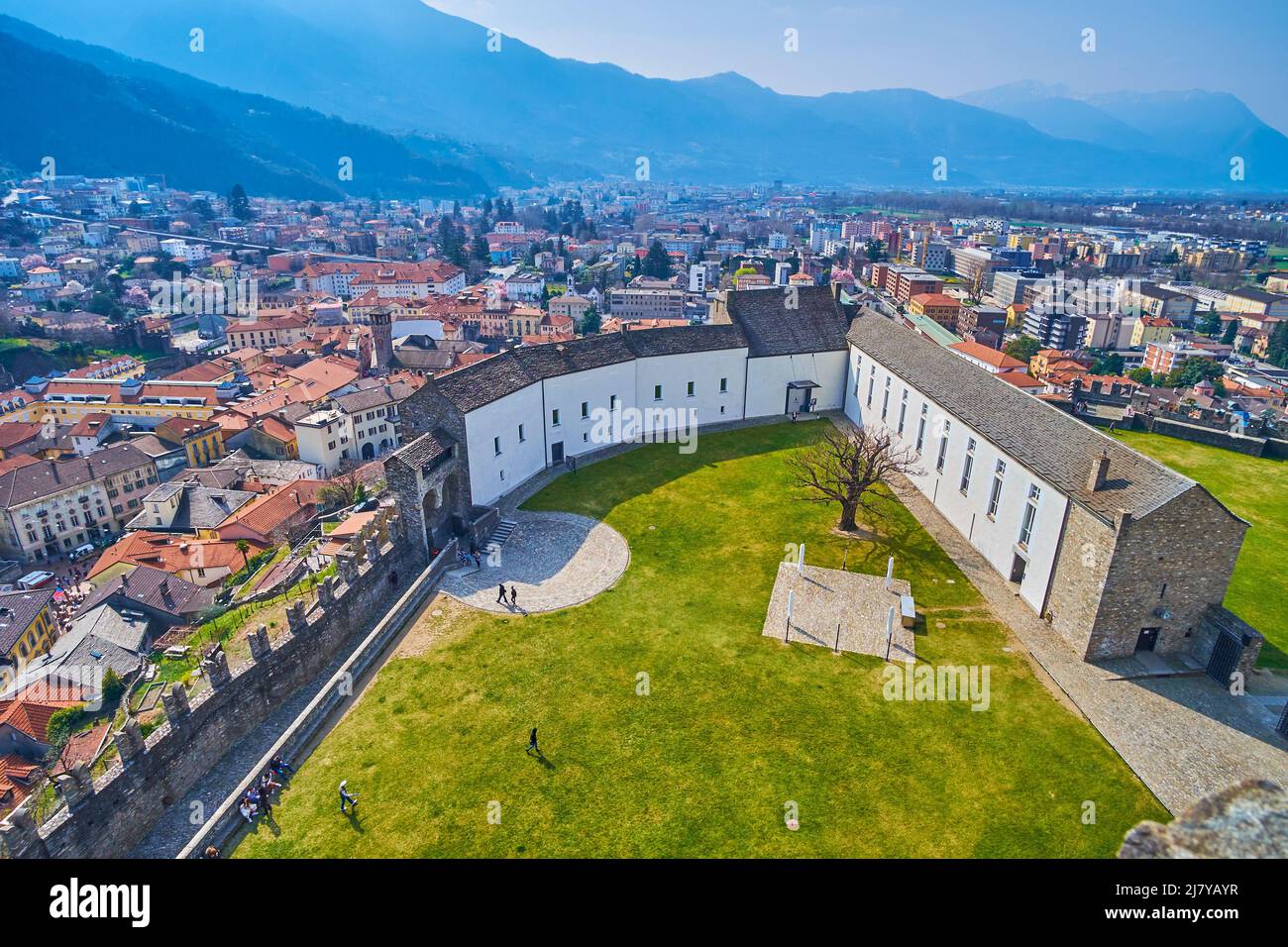 The courtyard and the stone buildings of Castelgrande castle, the ...