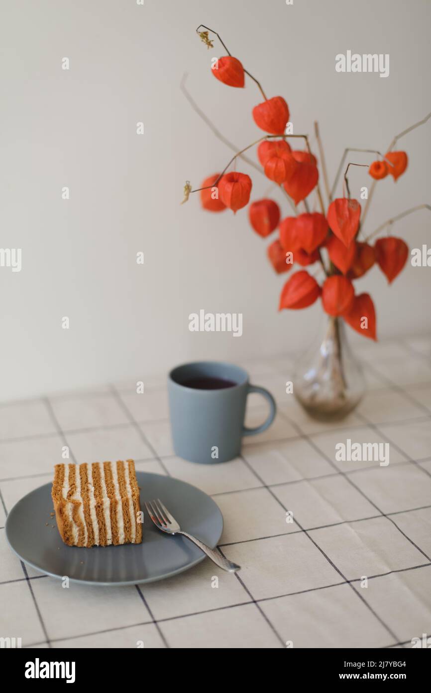 Table setting for breakfast with delicious cake, Aesthetic look Stock ...