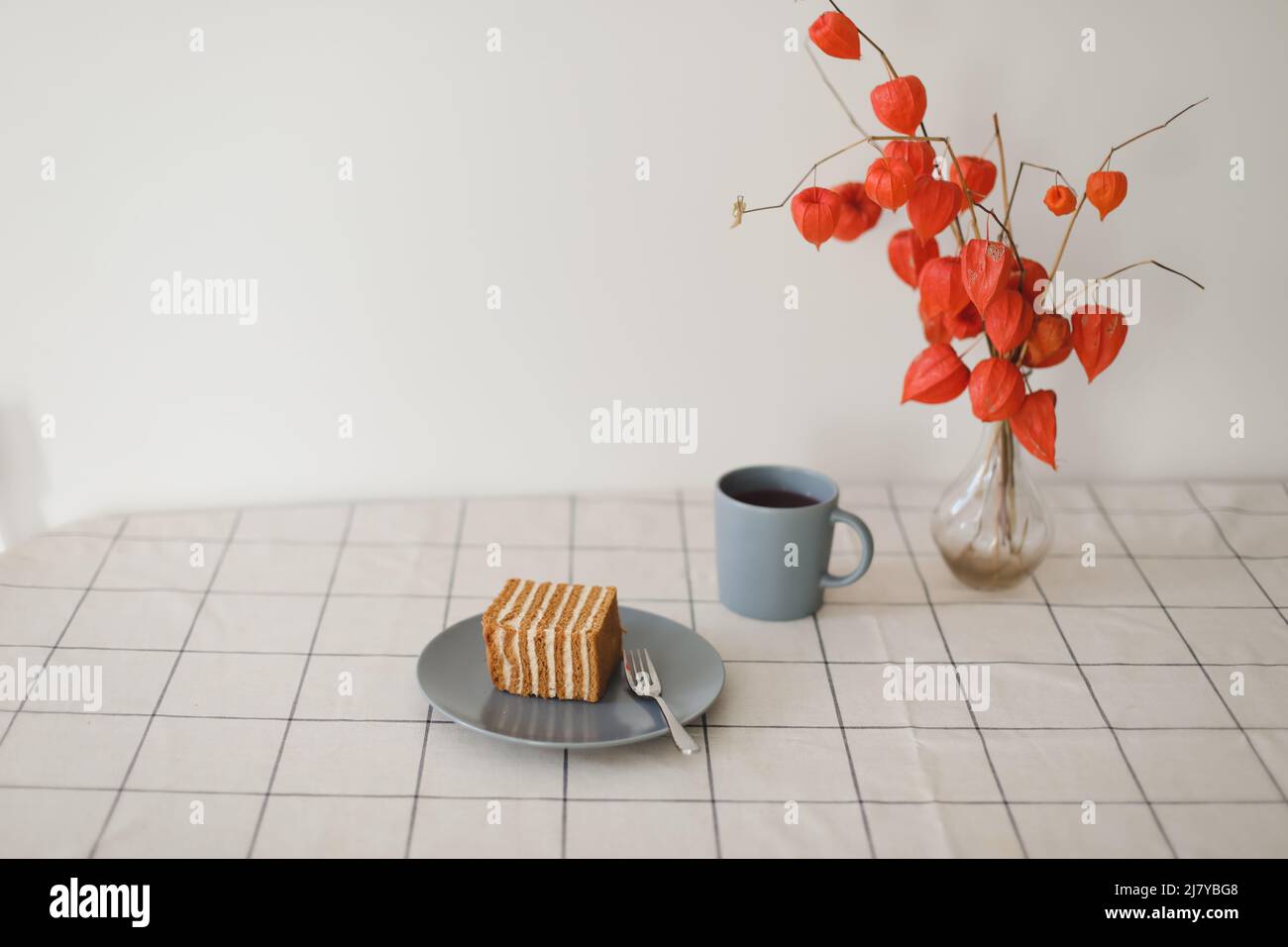 Table setting for breakfast with delicious cake, Aesthetic look Stock ...