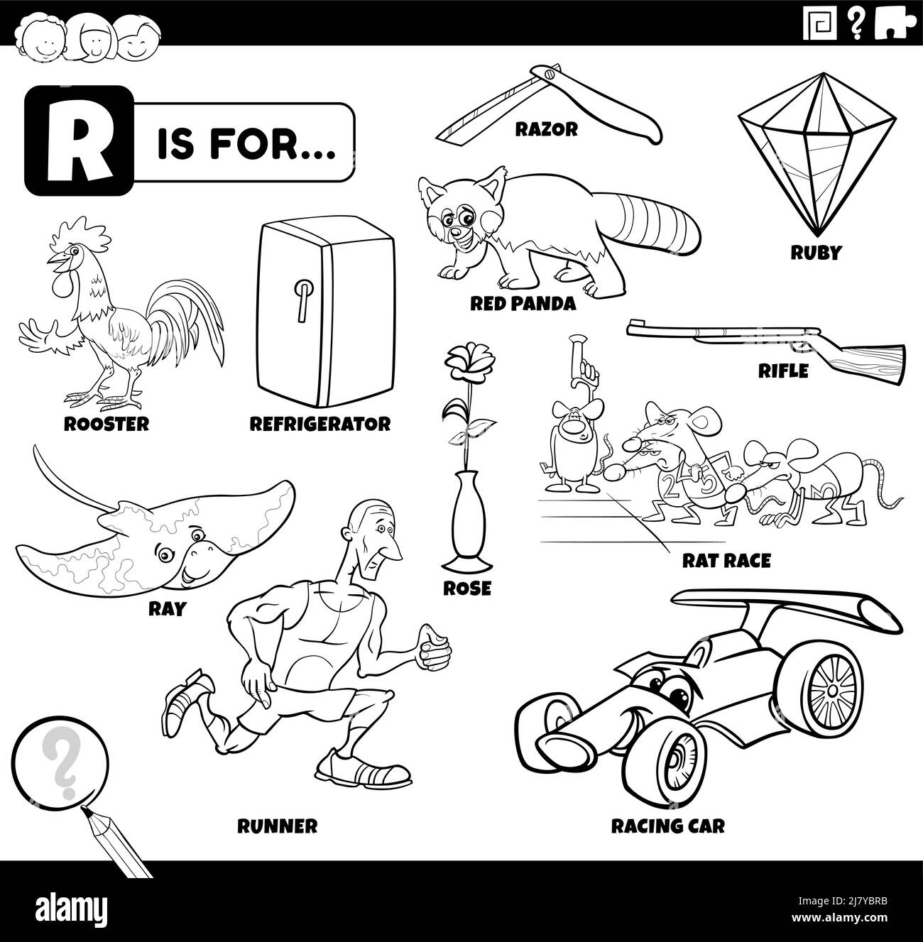 Black and white educational cartoon illustration for children with ...