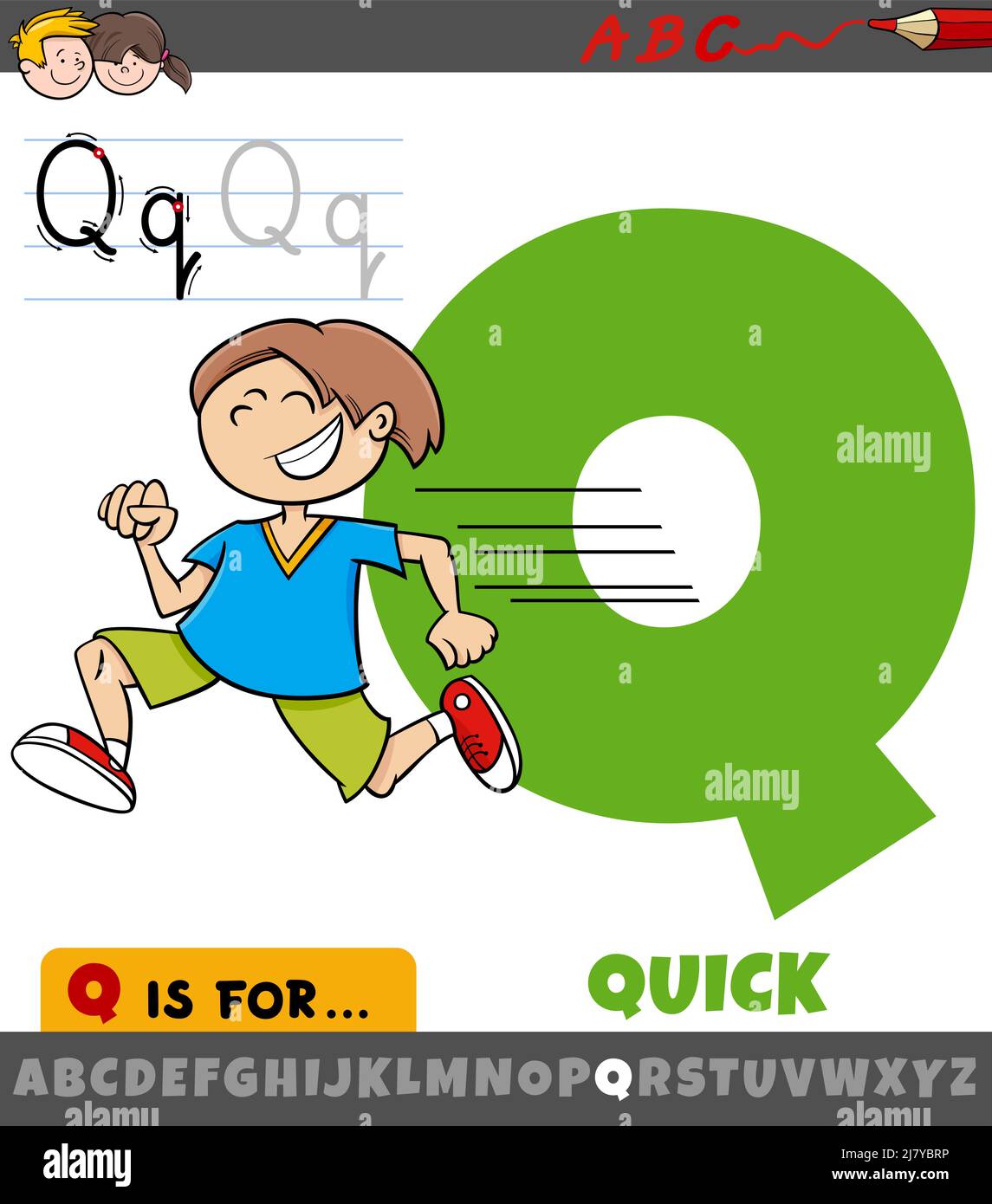 Educational cartoon illustration of letter Q from alphabet with quick ...
