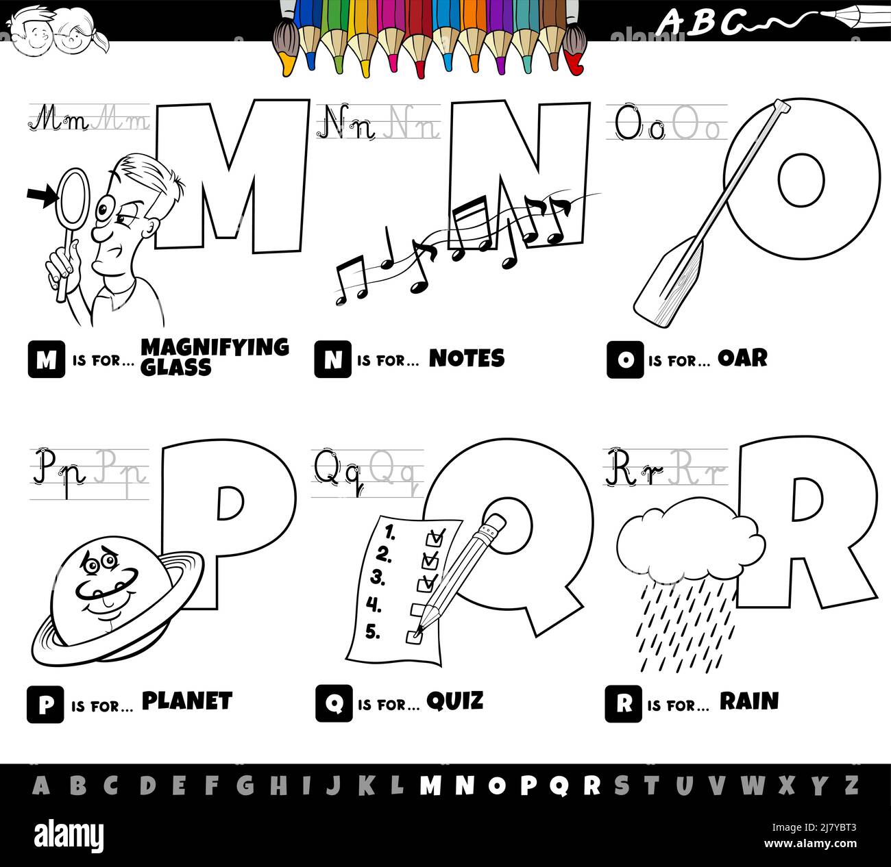 Black and white cartoon illustration of capital letters from alphabet ...