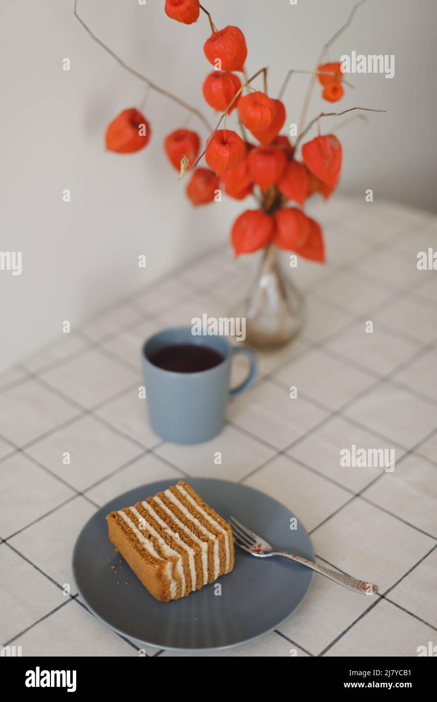 Table setting for breakfast with delicious cake, Aesthetic look Stock ...