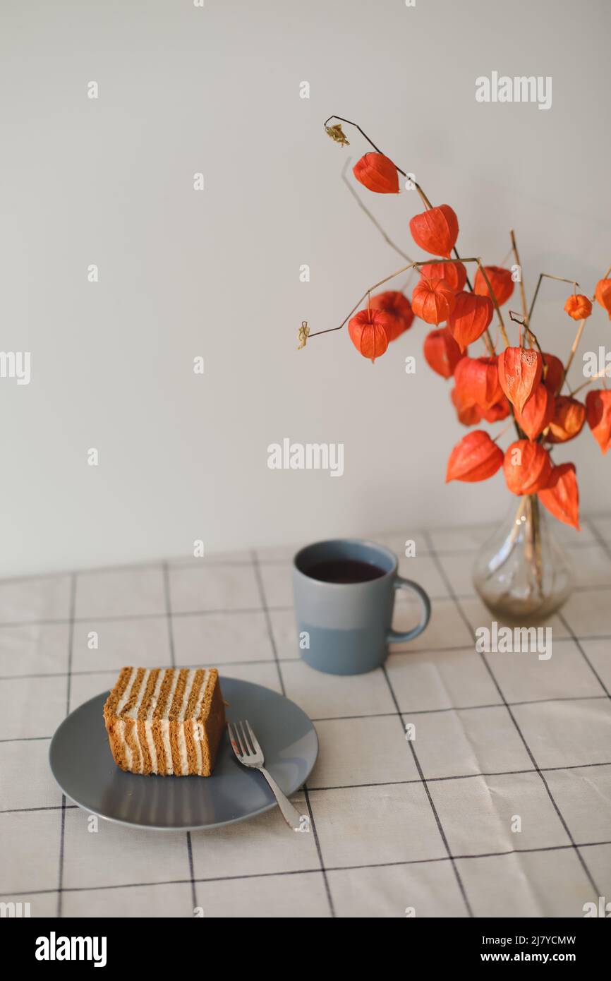 Table setting for breakfast with delicious cake, Aesthetic look Stock ...