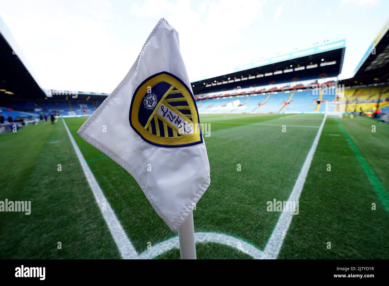 General view of a Leeds United branded corner flag and the stadium ...