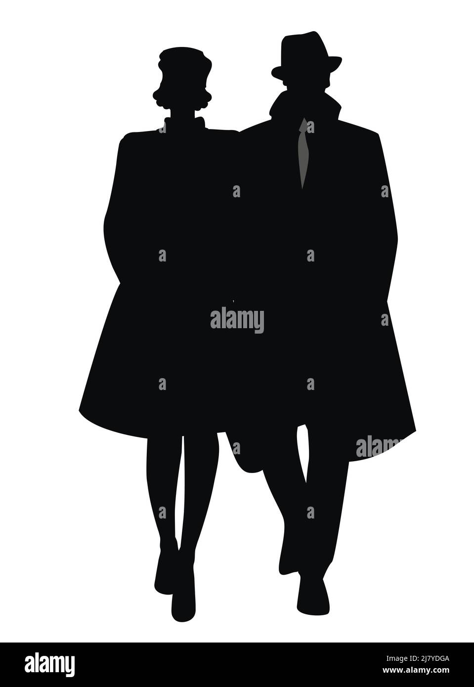Walking couple silhouettes wearing retro style clothes, isolated on ...