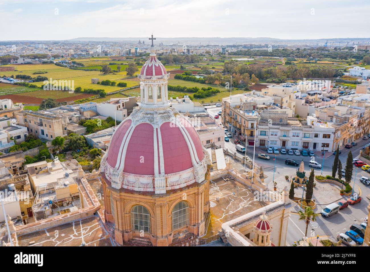 Zabbar Parish Church on the island of Malta, aerial view above, around ...