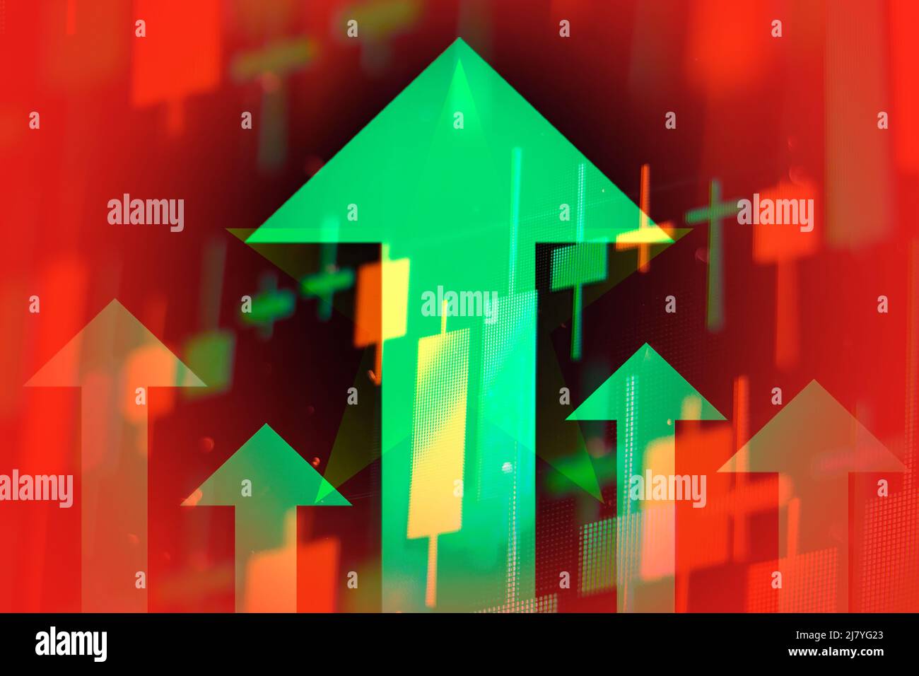 Increasing green arrows showing improvements in the economy or growth ...