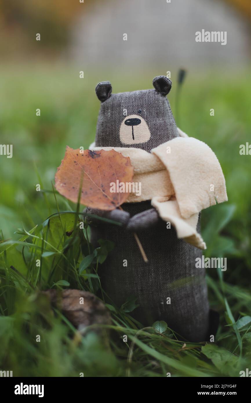 Cute little handmade toy teddy bear in green grass. Childhood, baby ...