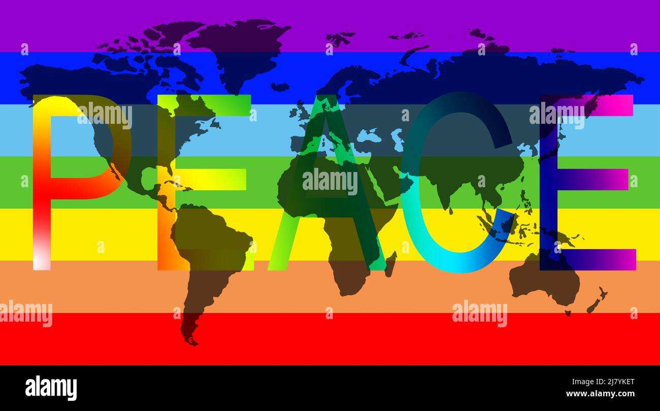 multicolored PEACE text and the world map in the background with the ...