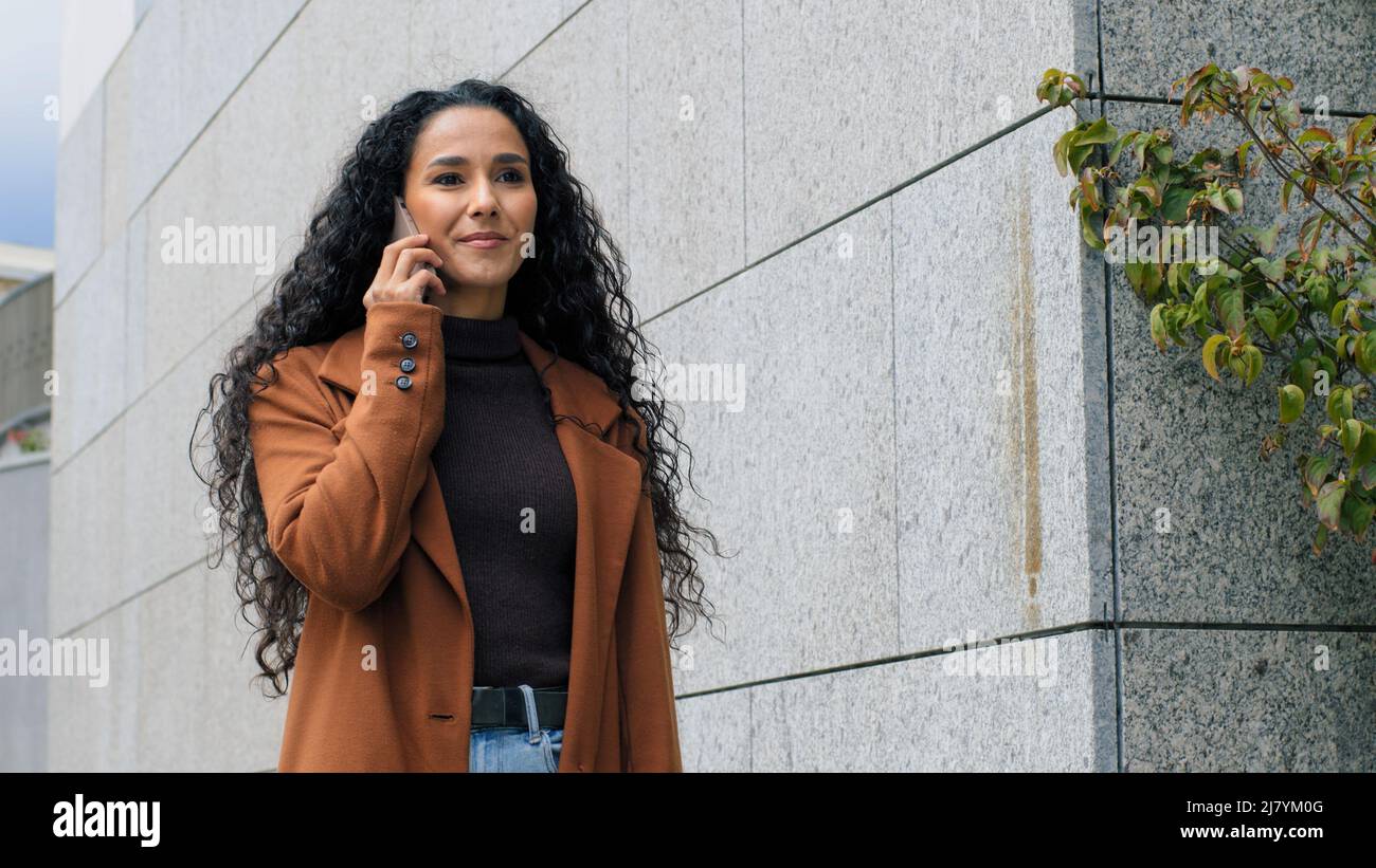 Portrait happy hispanic female latin girl business woman remote distant ...