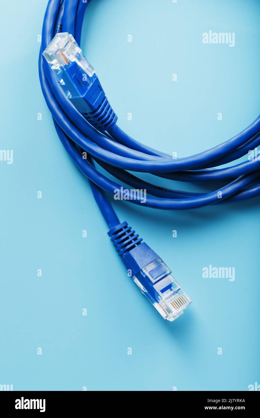 Blue Ethernet Cable Connectors Patch cord cord close-up isolated on a blue background with free ...