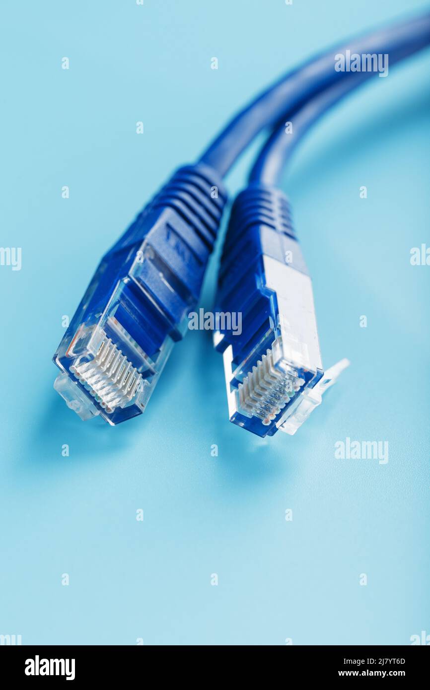 Blue Ethernet Cable Connectors Patch cord cord close-up isolated on a blue background with free ...