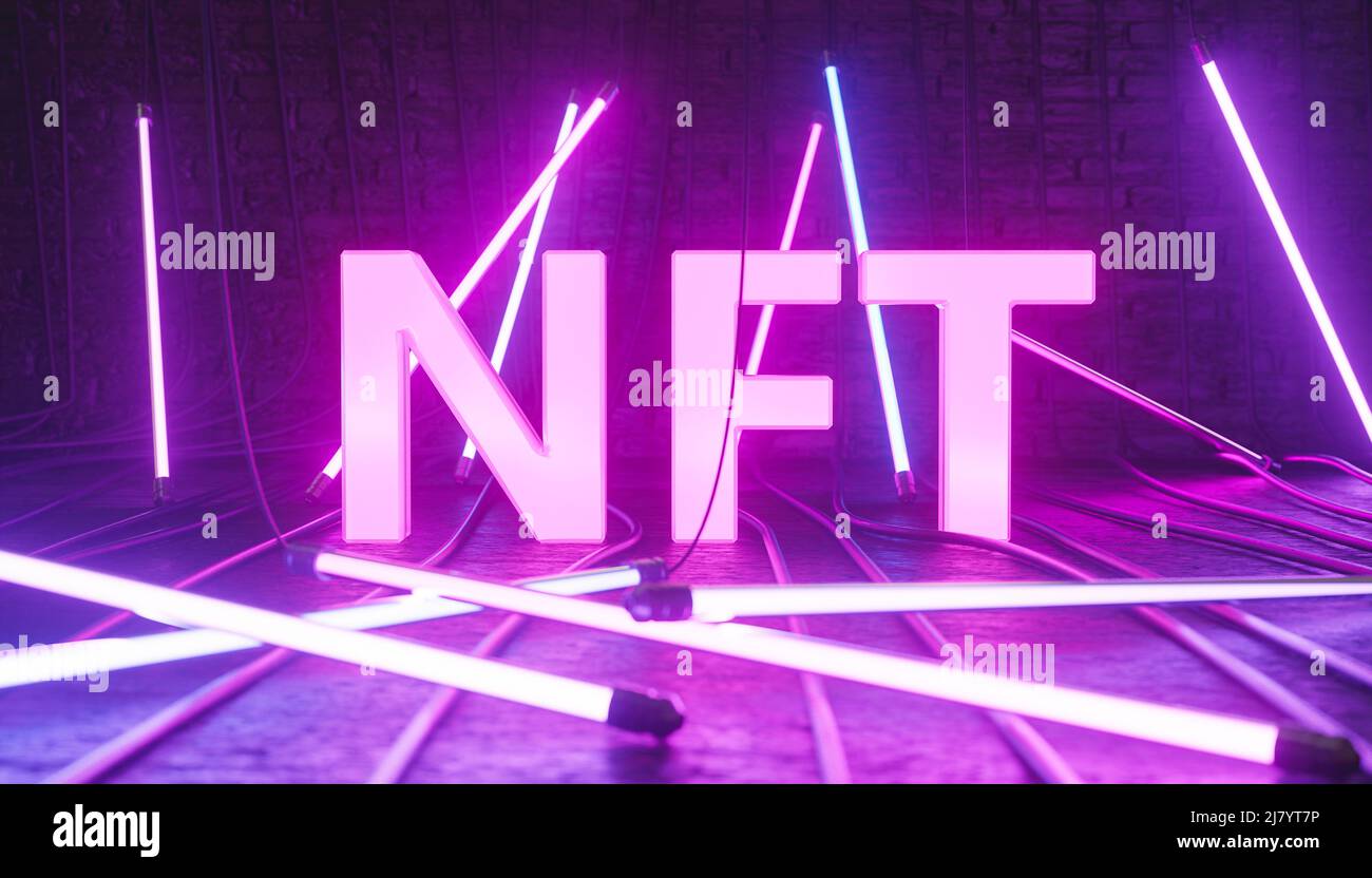 3D illustration of purple NFT inscription surrounded with neon lamps as ...
