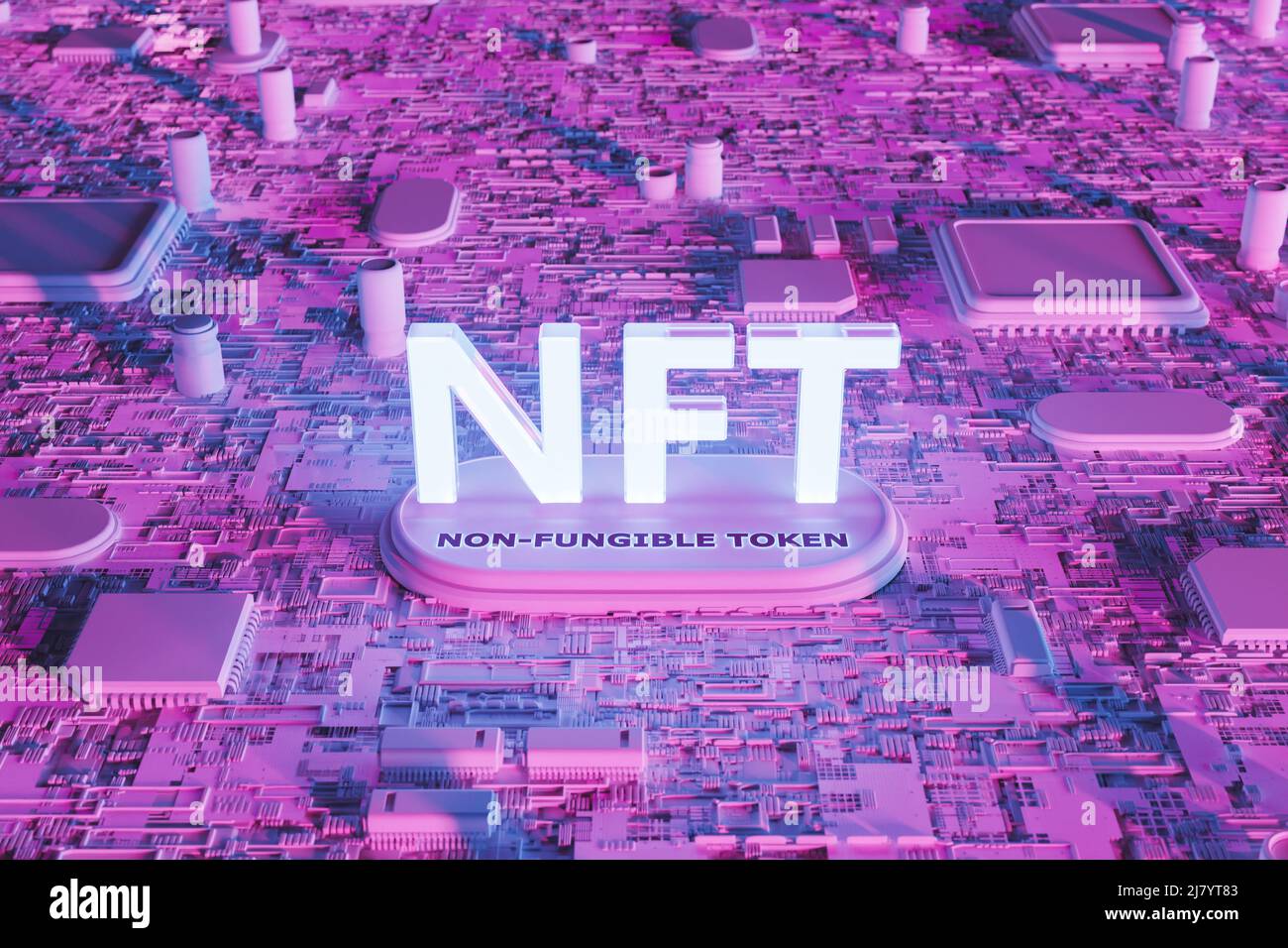3D illustration of glowing NFT letters installed near Non-Fungible ...