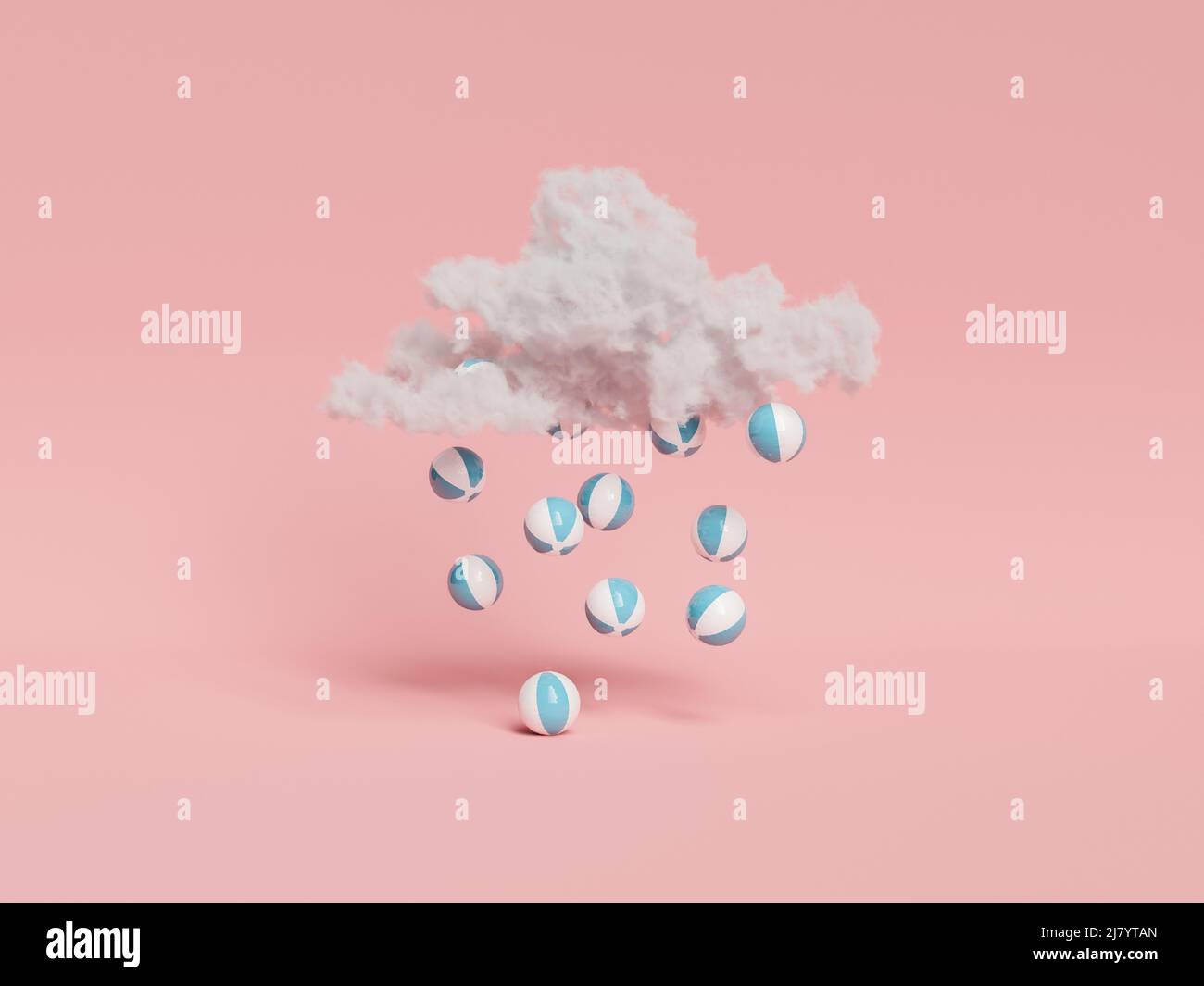 3D illustration of white cloud dropping striped beach balls during rain ...