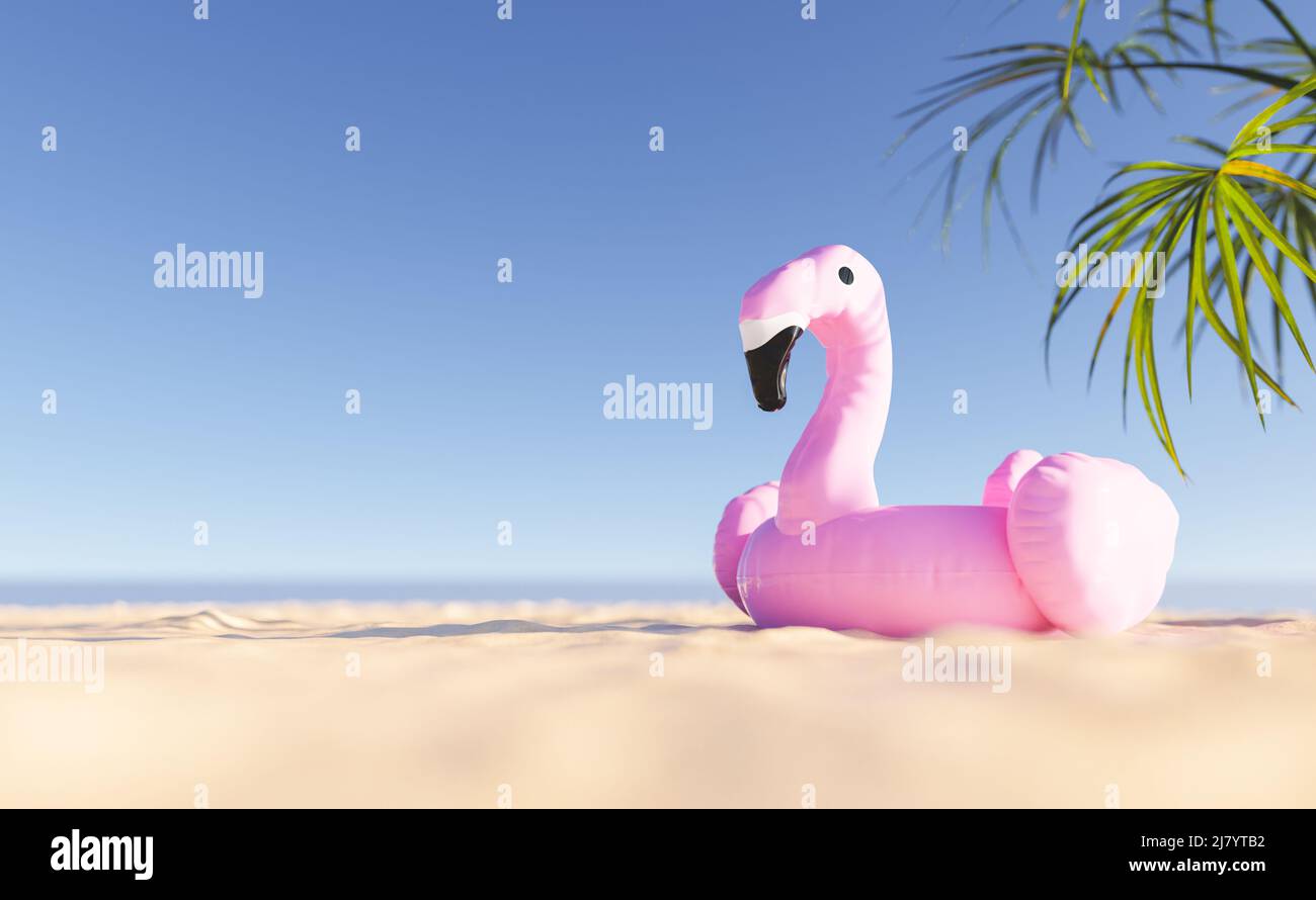 3D illustration of pink flamingo float placed on sandy beach against ...
