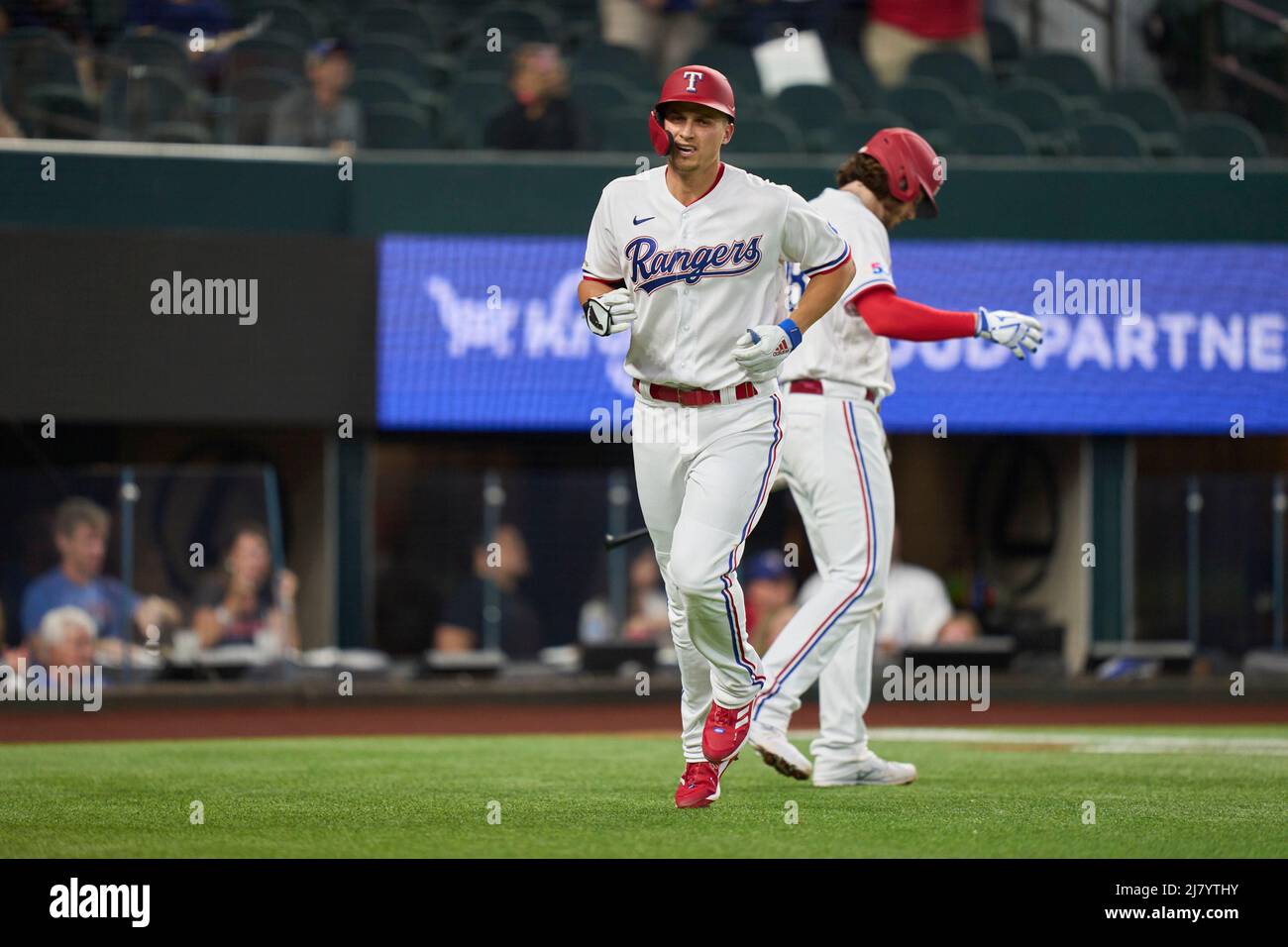 Dallas TX, USA. 10th May, 2022. Texas shortstop Corey Seager (5) hits a ...