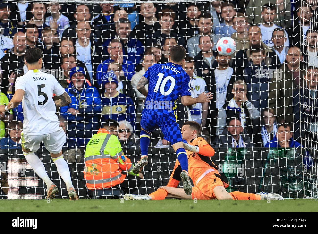 Illan Meslier #1 of Leeds United saves a shot from Christian Pulisic ...