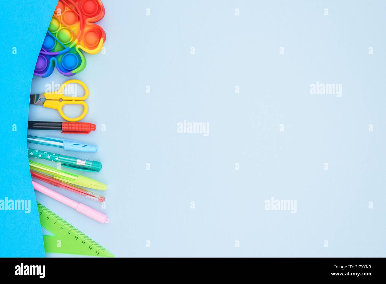 School stationery border frame on blue background, flatlay with space ...