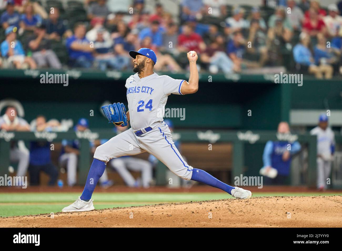 Dallas TX, USA. 10th May, 2022. Kansas City pitcher Amir Garrett (24 ...