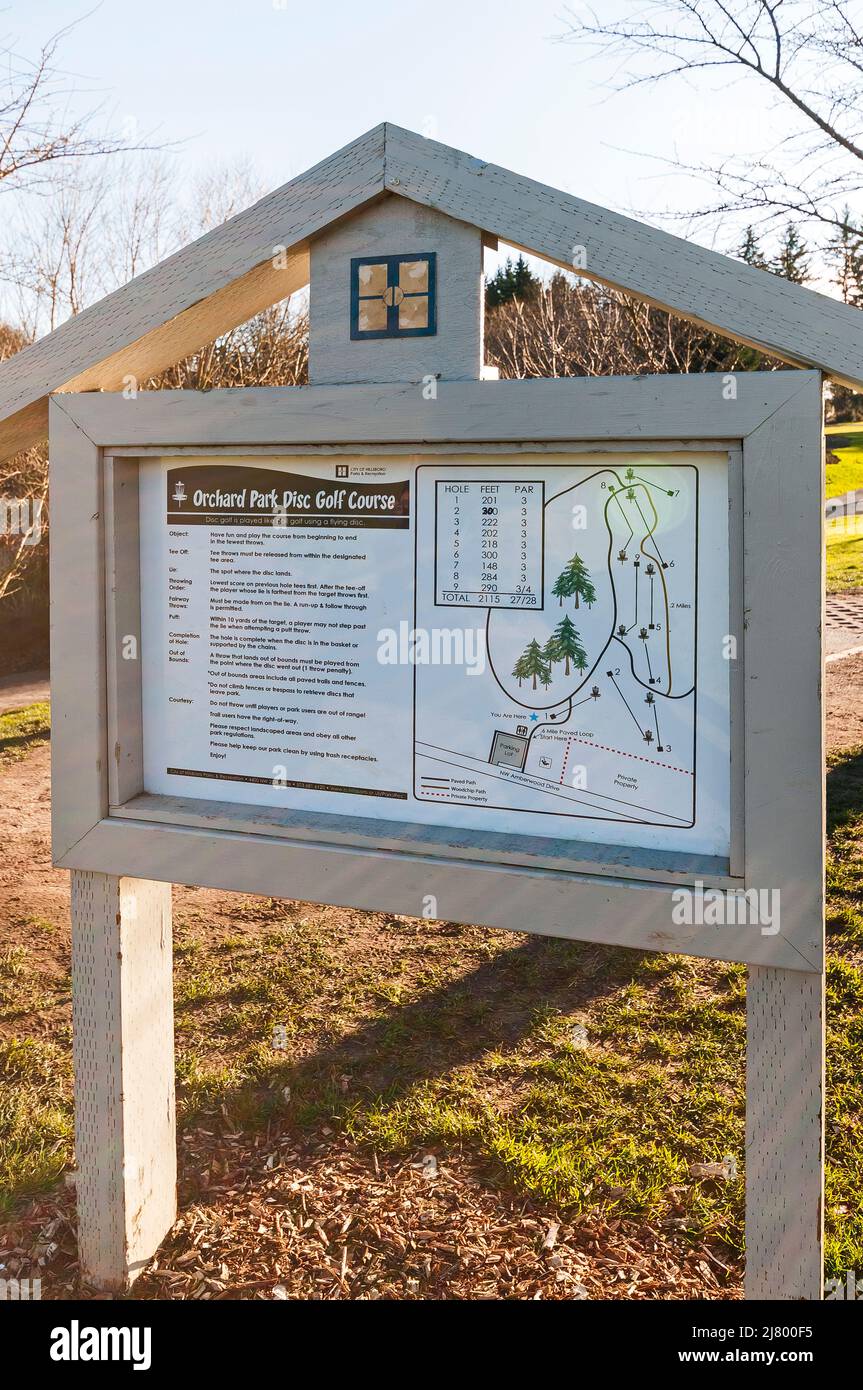 Direction sign at the Orchard Park Disc Golf Course, Hillsboro, Oregon ...