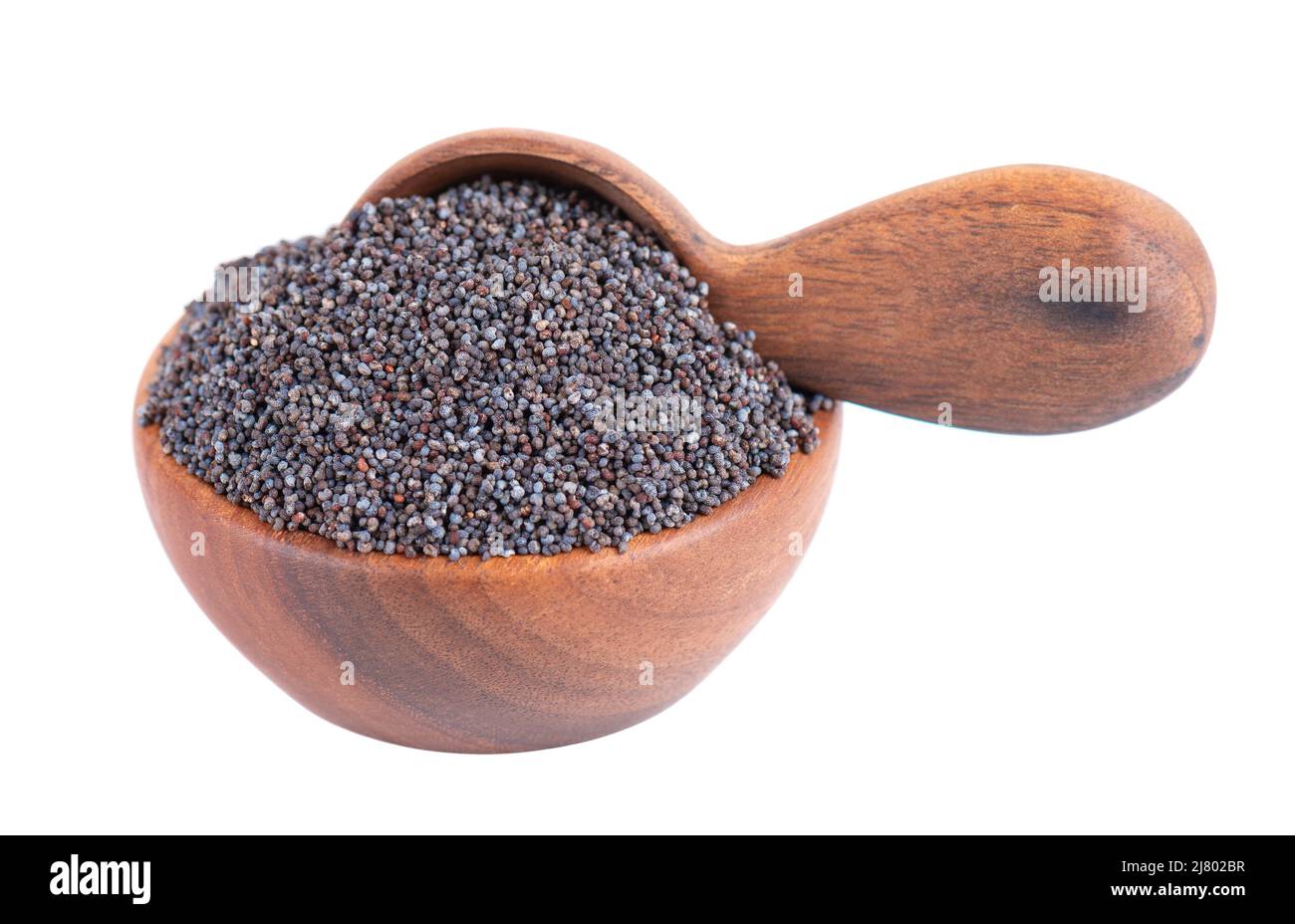 Poppy seeds in wooden bowl and spoon, isolated on white background ...