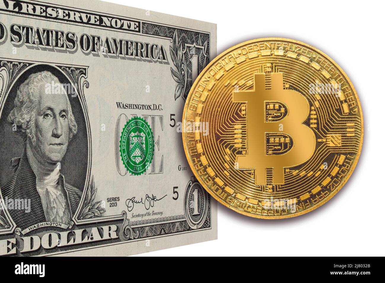 US one dollar bill standing in perspective with a shiny golden Bitcoin ...