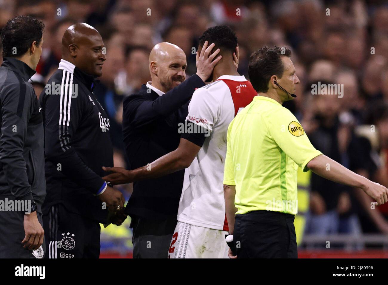 AMSTERDAM - (lr) Ajax coach Erik ten Hag, Sebastien Haller of Ajax during the Dutch Eredivisie ...