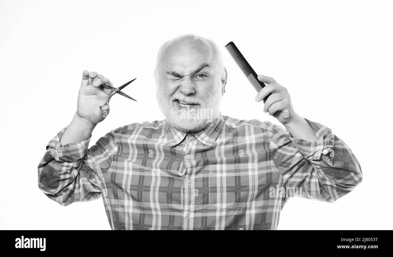 Barber work with sharp scissors. Barbershop concept. Man bearded ...