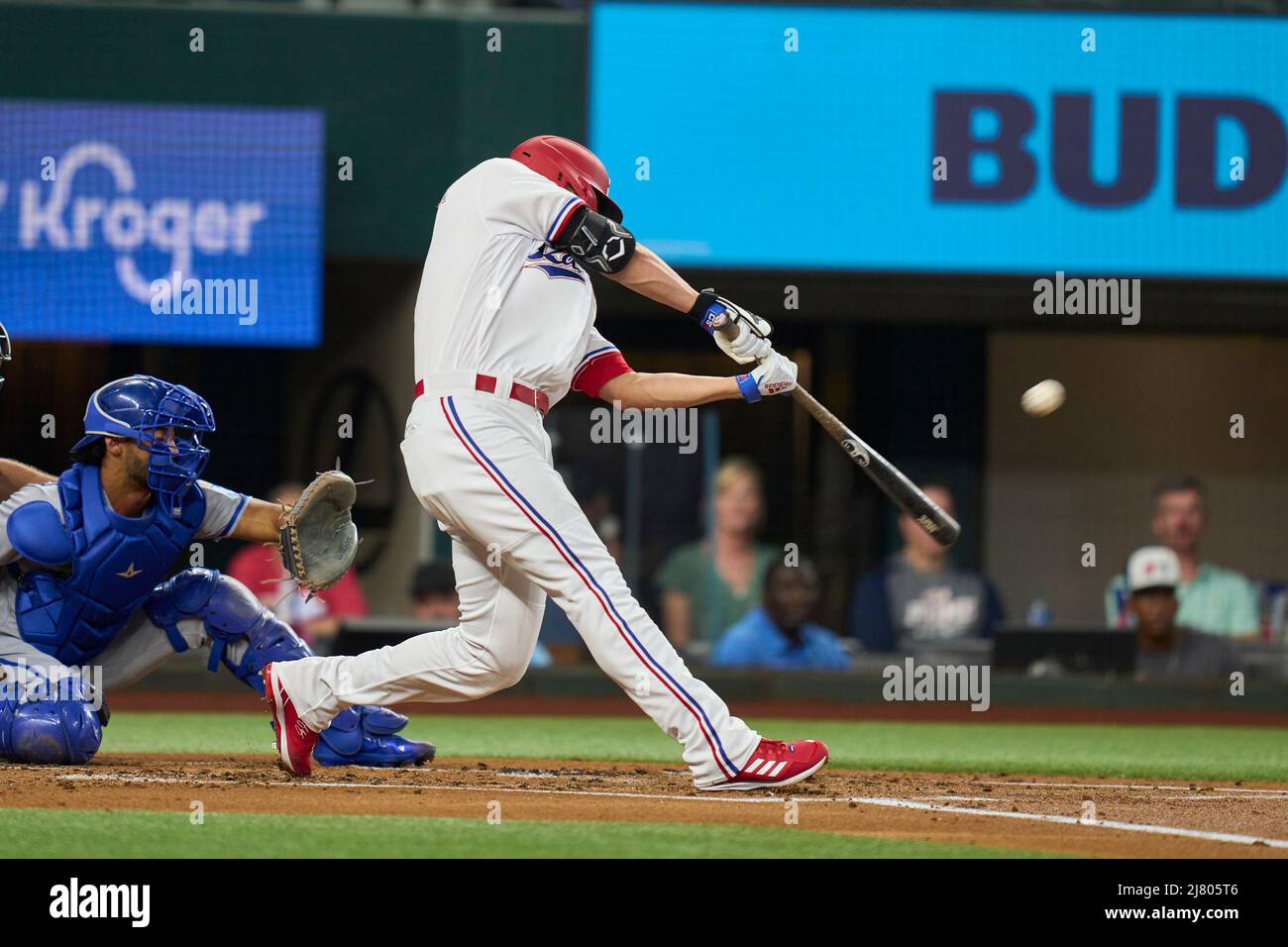 May 10 2022: Texas shortstop Corey Seager (5) hits a homer during the game with Kansas City ...