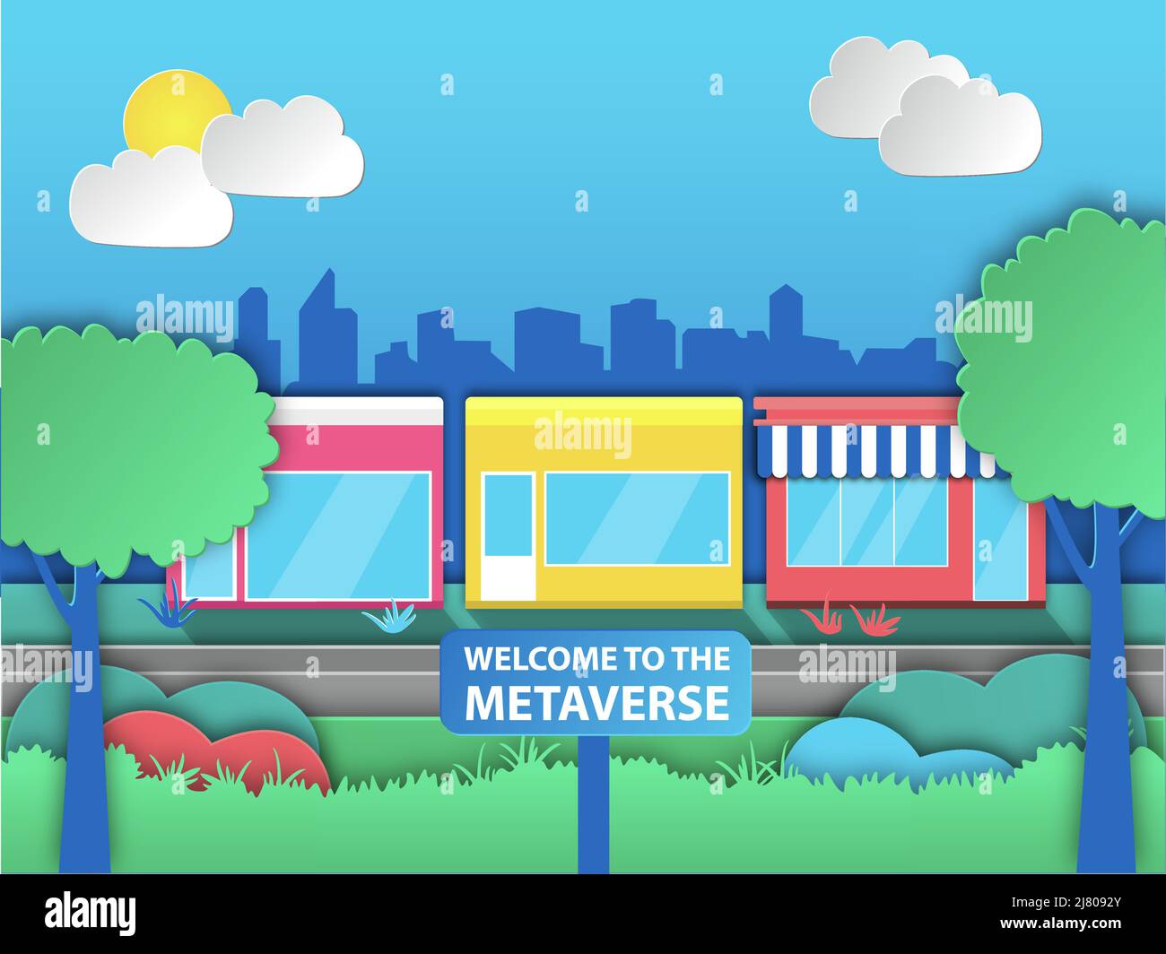 Welcome to the Metaverse concept. Cheerful illustration of a paper cut ...