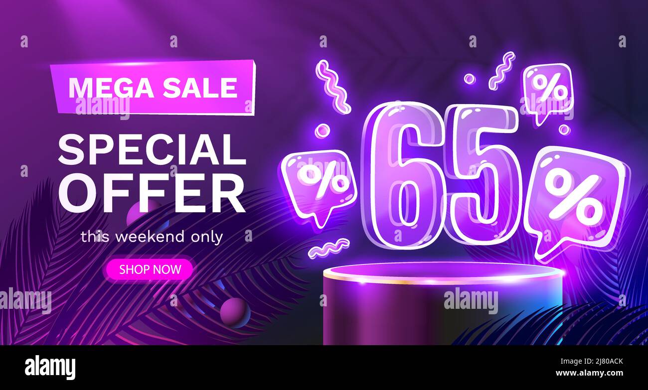 Mega sale special offer, Neon 65 off sale banner. Sign board promotion. Vector illustration ...