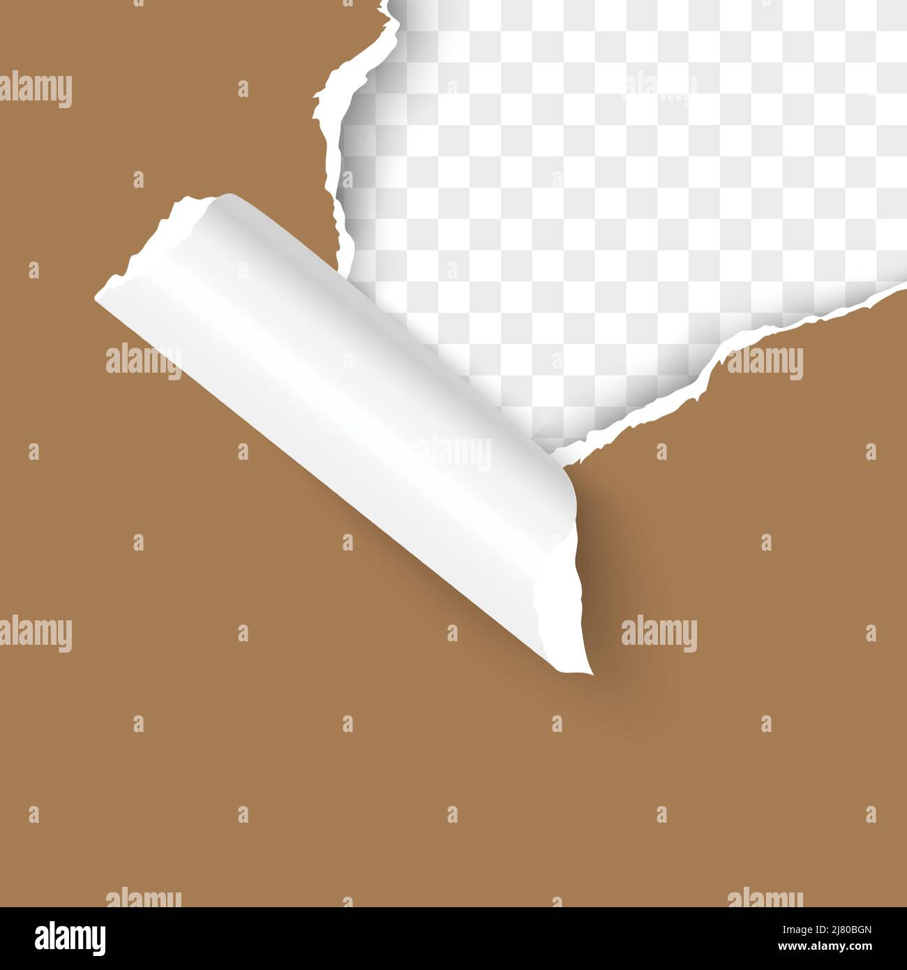 Torn hole of upper right corner of brown sheet with paper curl and ...