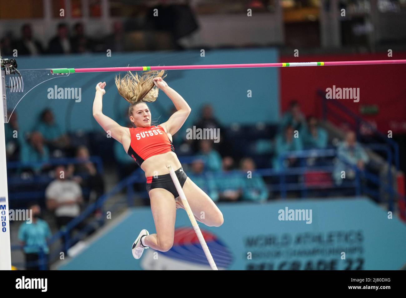 Angelica Moser jumping at the 2022 Belgrade Indoor World Championships ...