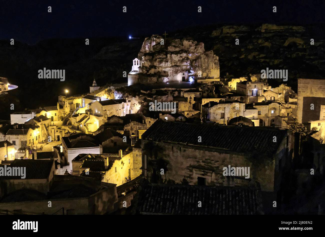 A night overview of the beautiful city of Matera, with its ...