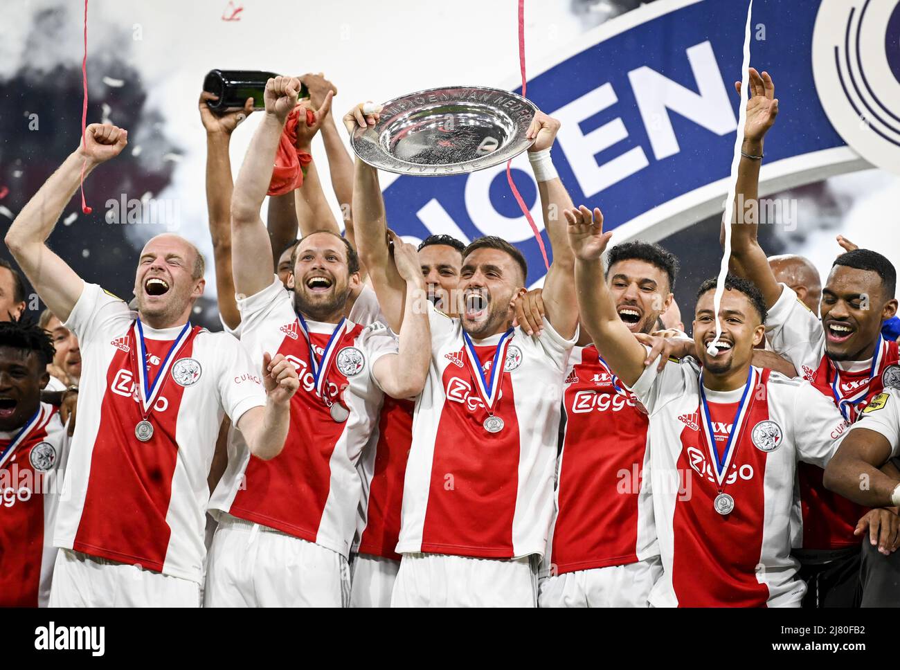 AMSTERDAM - (lr) Davy Klaassen of Ajax, Daley Blind of Ajax, Dusan Tadic of Ajax, Noussair ...