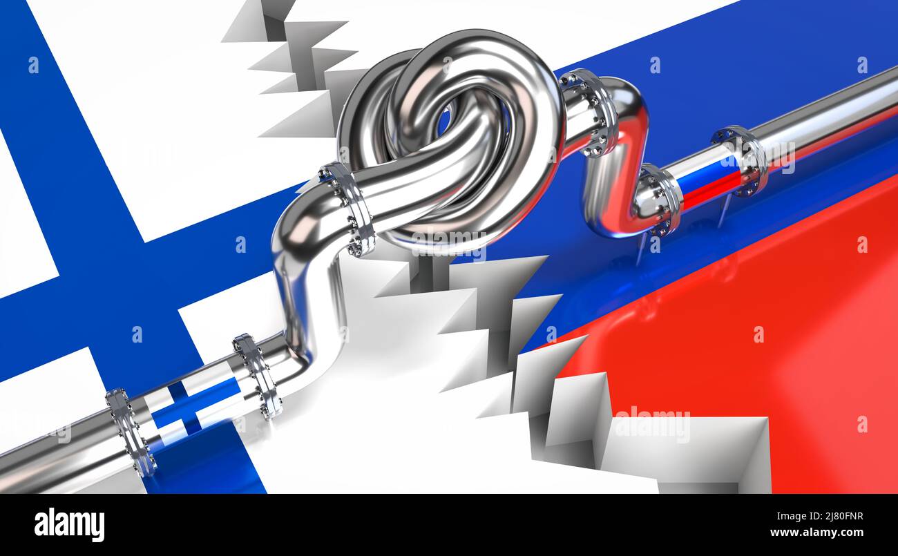 Fuel Gas Pipeline With A Knot Flags Of Finland And Russia 3d