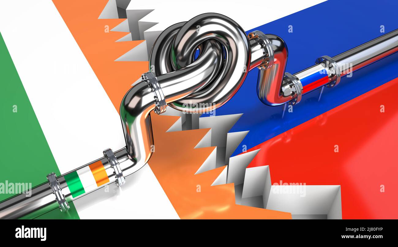 Fuel/ gas pipeline with a knot, flags of Ireland and Russia - 3D ...