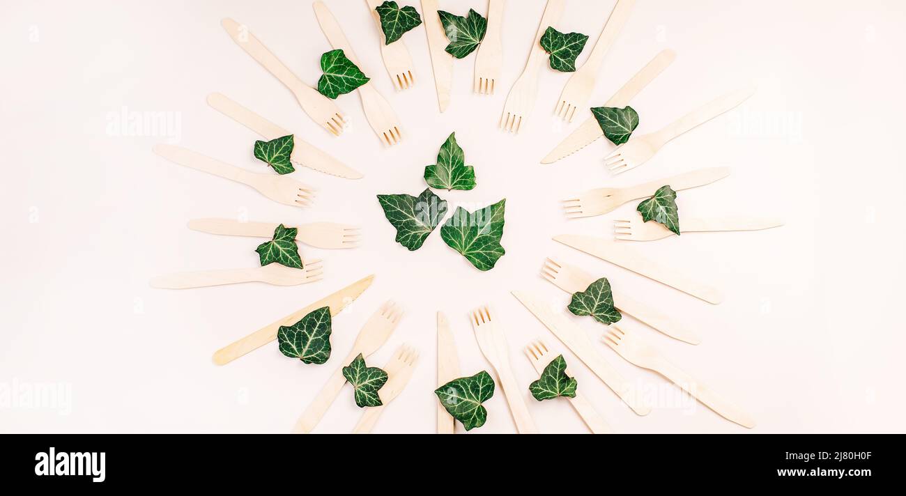 Banner eco friendly disposable kitchenware utensils on white background ...