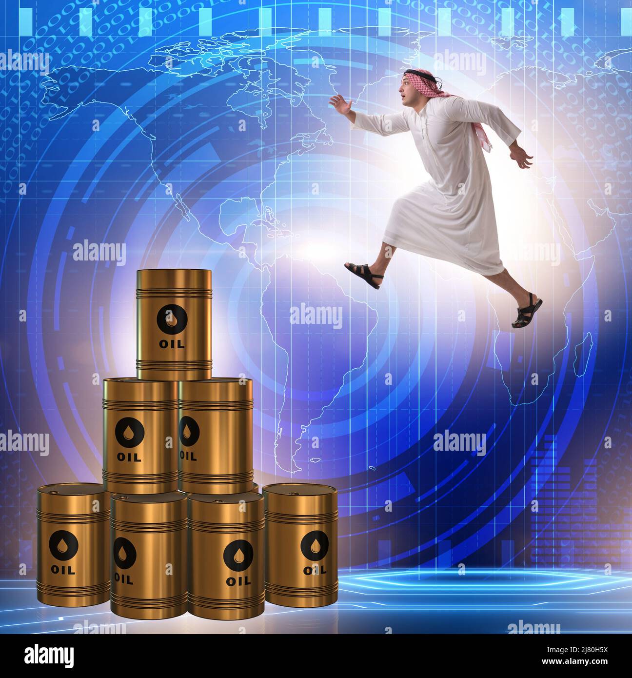 The arab businessman jumping from oil barrels Stock Photo - Alamy