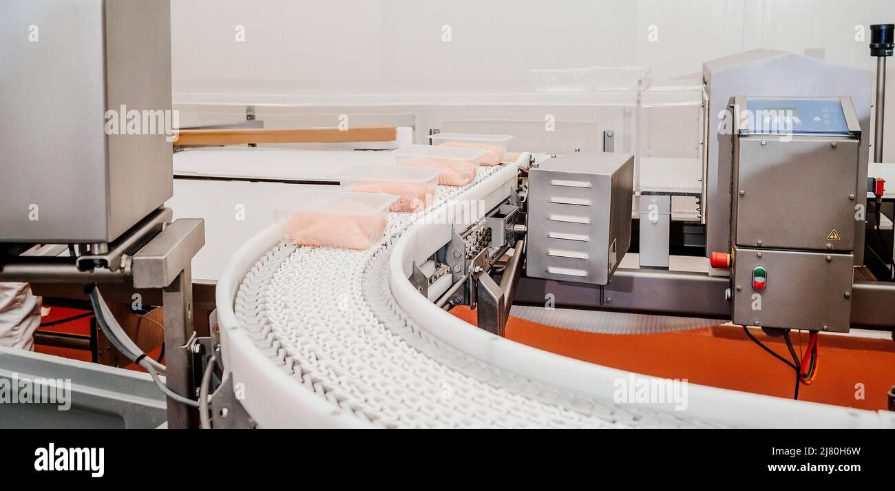 A modern plant.Factory production food from meat. Production line with ...