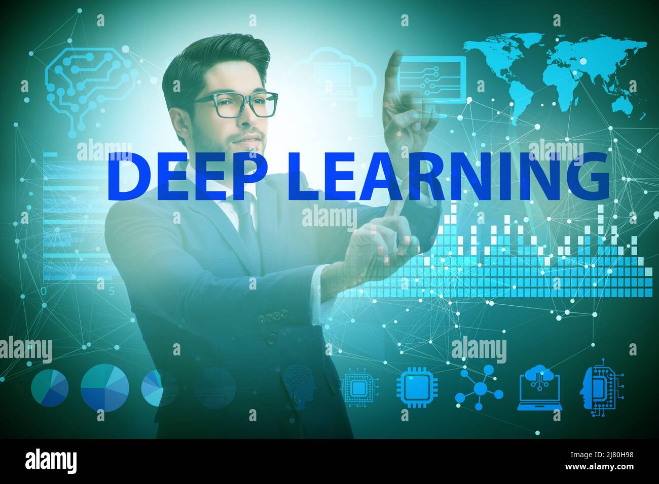 Deep learning concept with the businessman pressing button Stock Photo ...