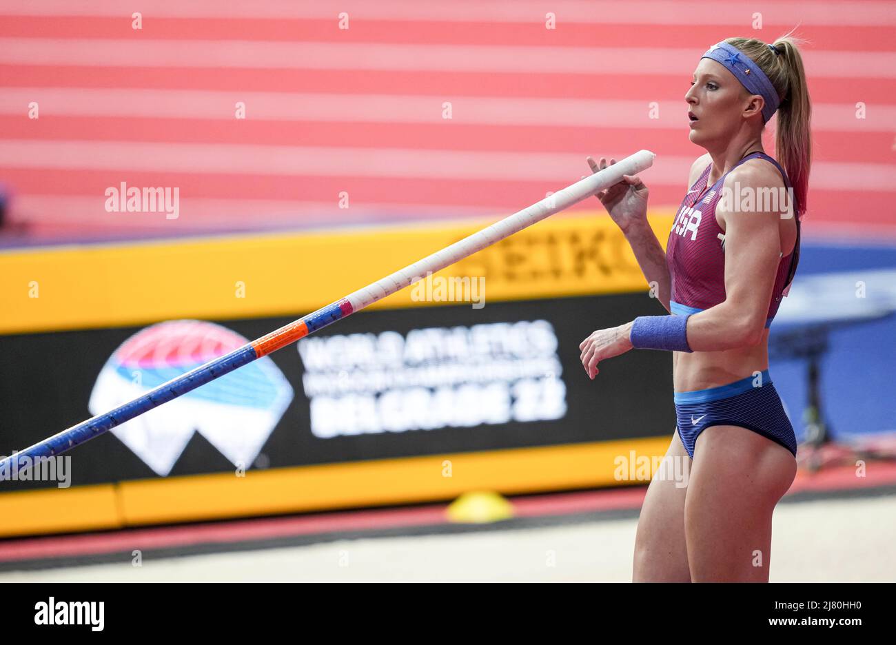 Sandi Morris concentrated sitting to jump at the Belgrade 2022 World ...