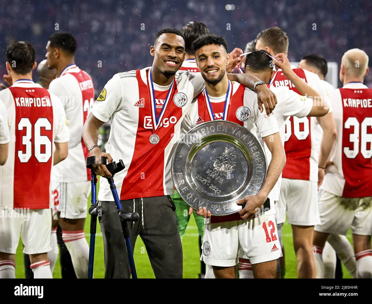 AMSTERDAM - (lr) Ryan Gravenberch of Ajax and Noussair Mazraoui of Ajax ...