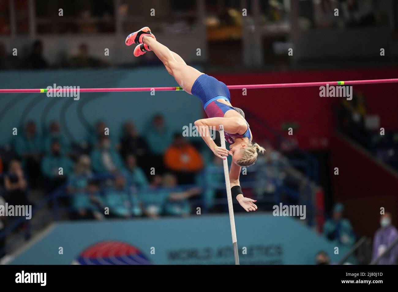 Katie Nageotte jumping at the 2022 Belgrade Indoor World Championships ...