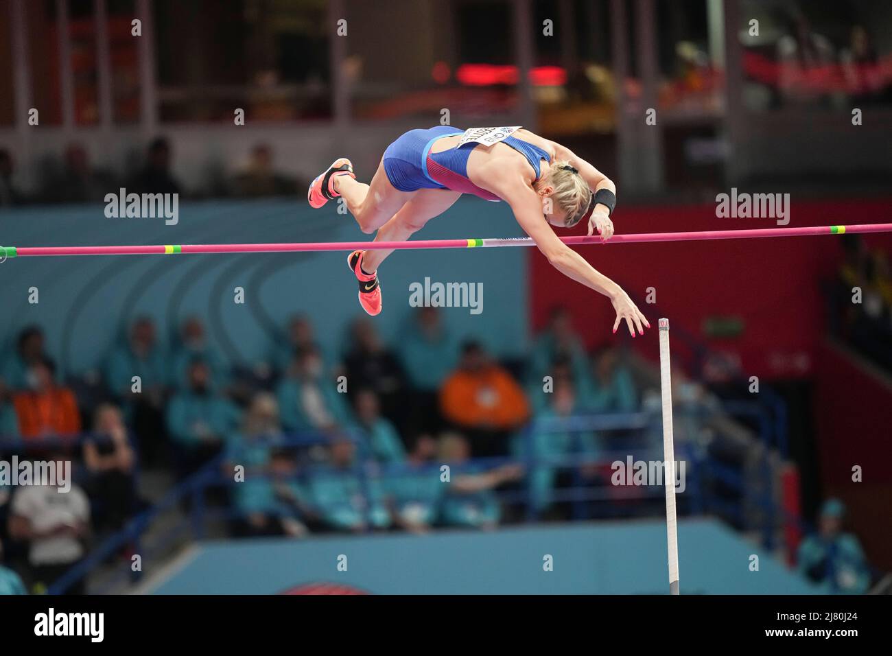 Katie Nageotte jumping at the 2022 Belgrade Indoor World Championships ...