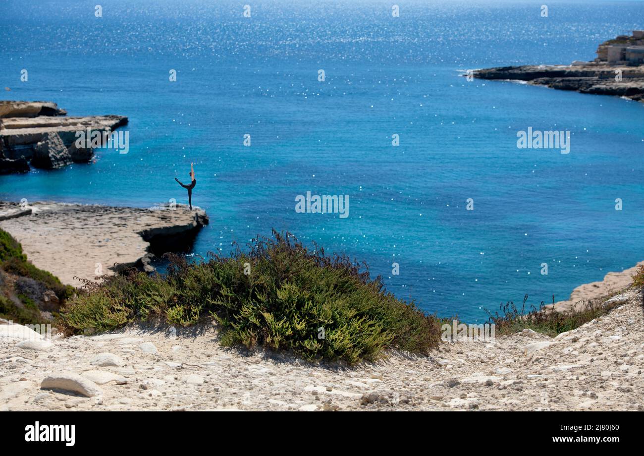 Ballerina on cliff, Kalanka Bay, Delimara point, Marsaxlokk, Malta ...
